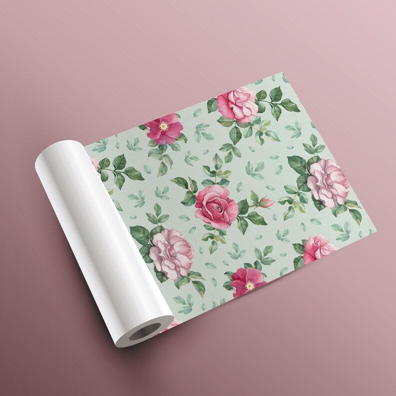 Mint Green Wallpaper With Watercolor Pink Roses Peel and - Etsy