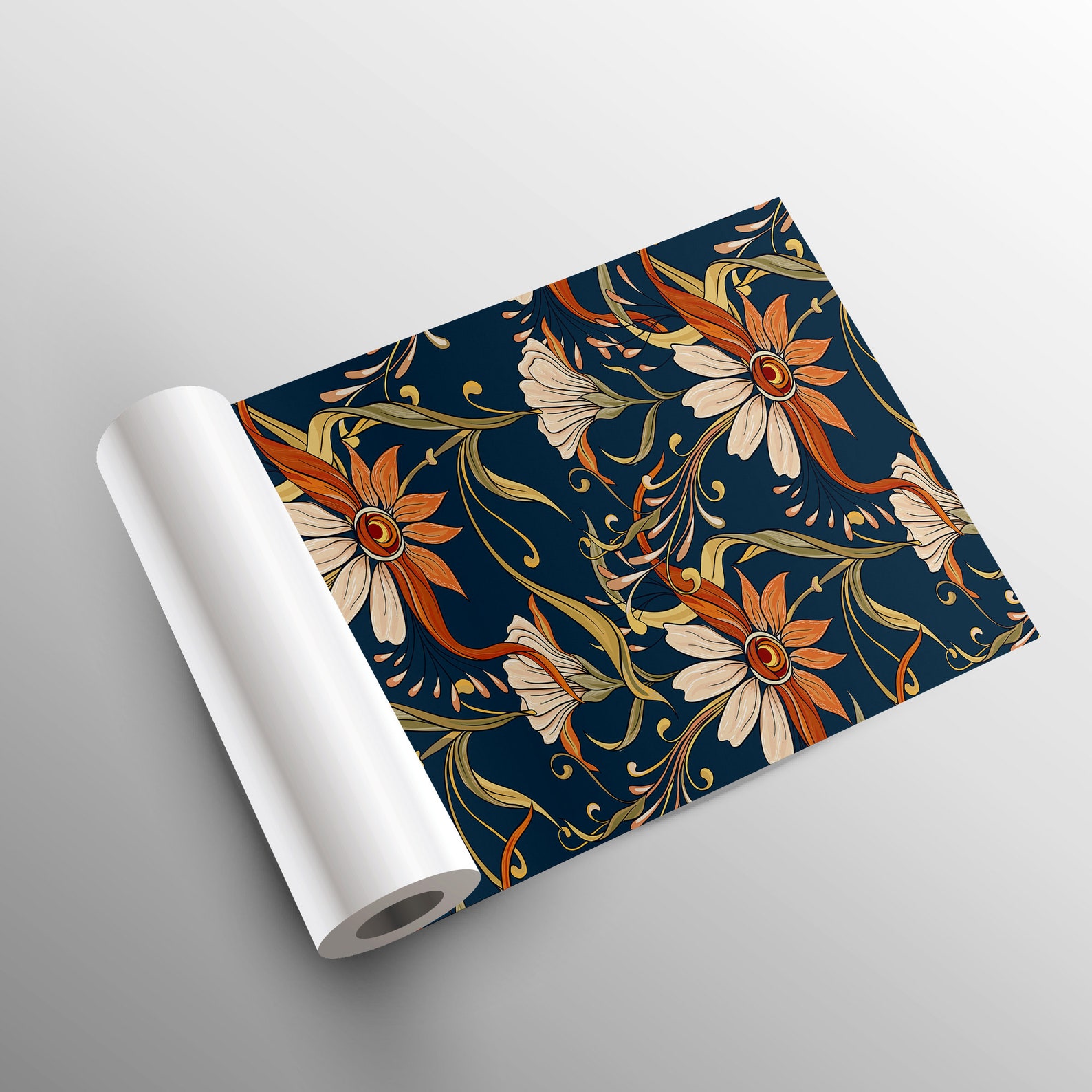 Blue Wallpaper With Elegant Orange Floral Pattern Self - Etsy