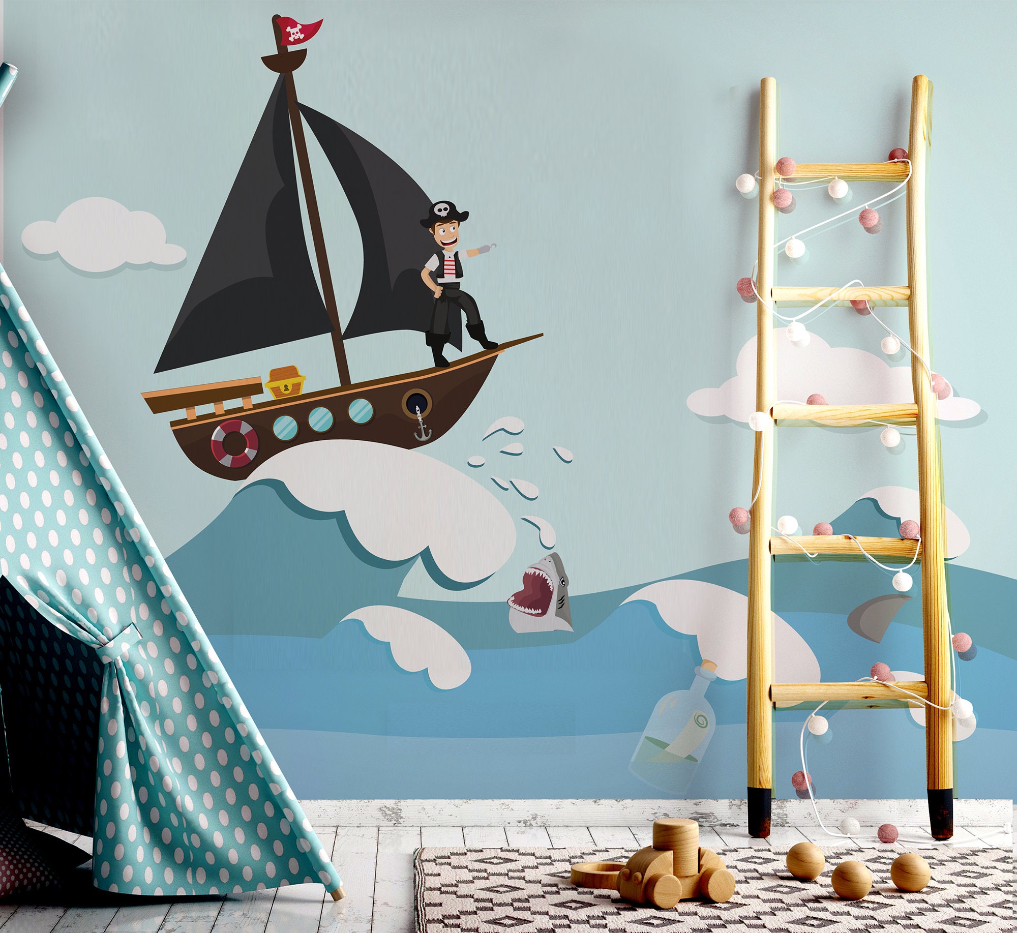 Cartoon Wallpaper With Pirate Ship on Sea || for Kids, Self Adhesive ...