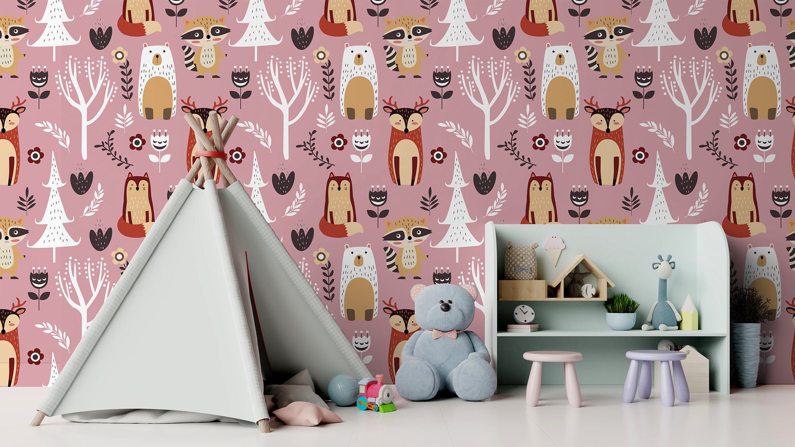 Pink Wallpaper With Cute Animals and Trees Wallpaper for | Etsy