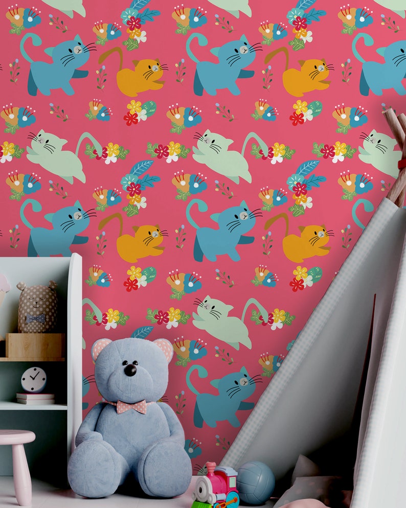 Vivid Pink Wallpaper With Colorful Cute Cat Pattern for - Etsy