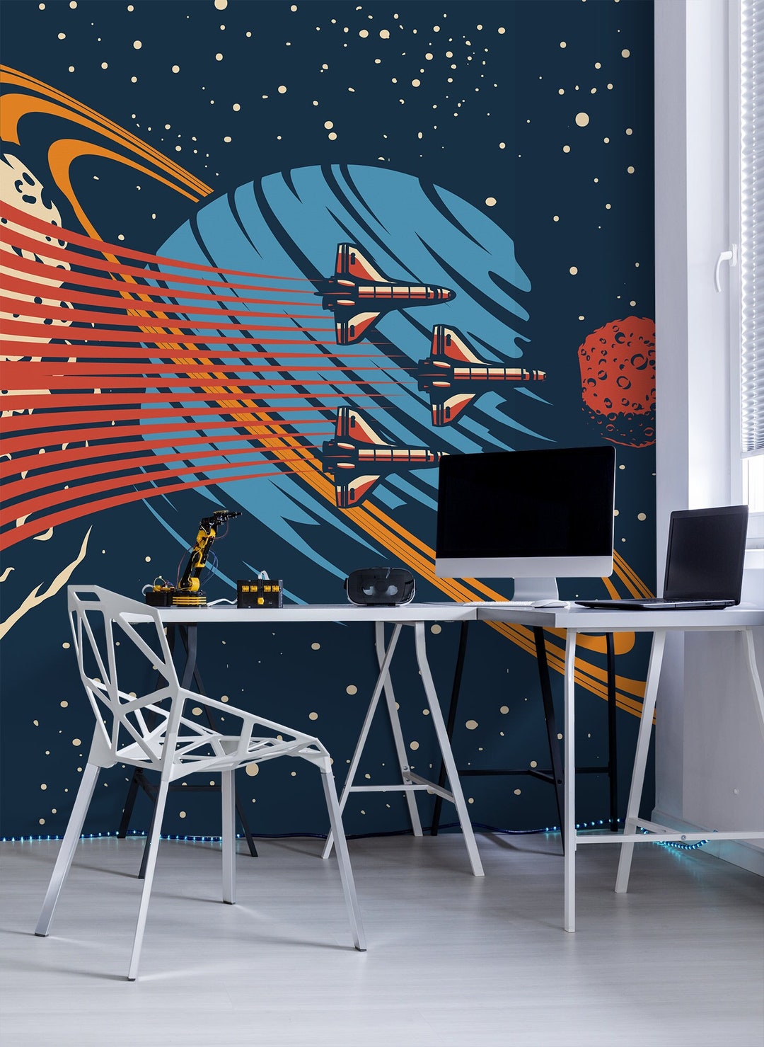 Retro Space Wallpaper With Planets, Moons and Spaceships Self Adhesive ...