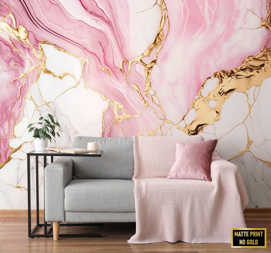 Pink & Yellow Marble Wallpaper, Abstract Stone Wall Mural • Peel and ...