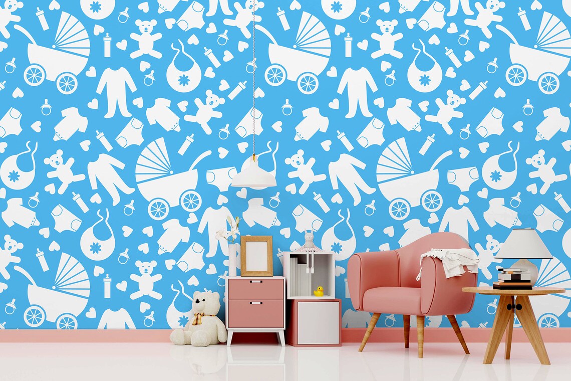 Blue Wallpaper With Baby Pattern Self Adhesive Peel and | Etsy