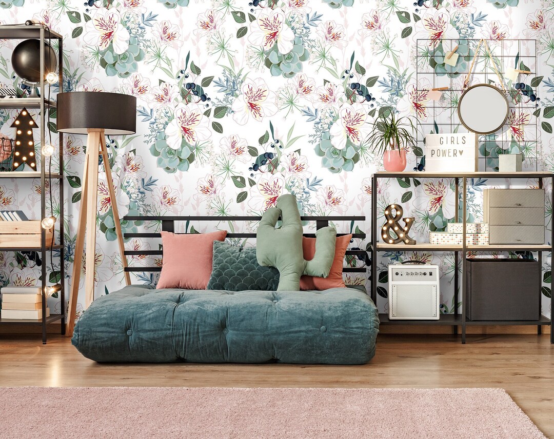 Botanical Wallpaper, Flowers & Leaves, Self Adhesive, Removable ...