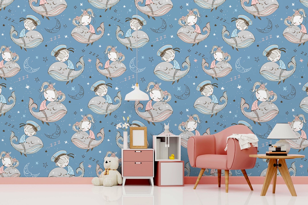 Blue Wallpaper With Kids and Whales, Wallpaper for Kids, Self Adhesive ...
