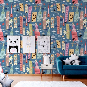 Blue Wallpaper With Colorful Cartoon Buildings || for Kids, Self ...