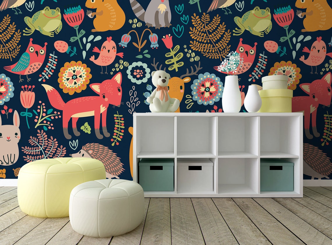 Blue Wallpaper With Colorful Cartoon Animals || for Kids, Self Adhesive ...