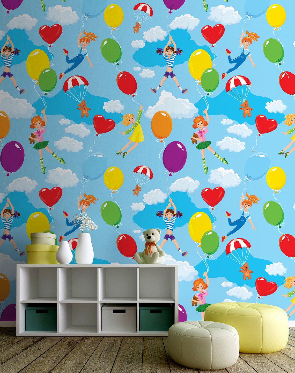 Blue Abstract Wallpaper With Girls and Balloons for Kids | Etsy