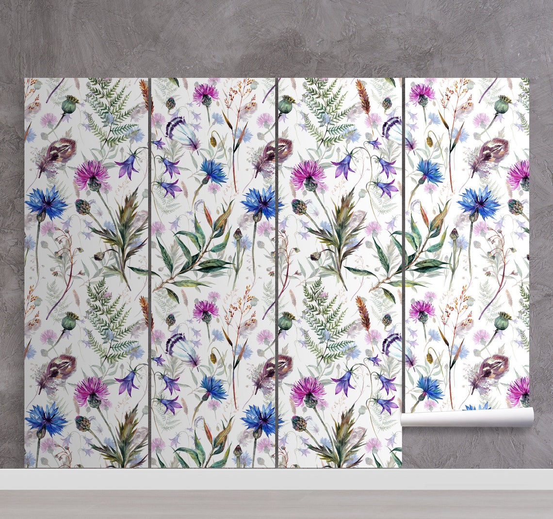 Botanical Wallpaper With Colorful Wildflowers Self Adhesive - Etsy