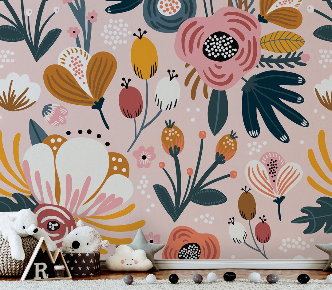 Pink Cartoon Wallpaper With Flower Pattern || for Kids, Self Adhesive ...