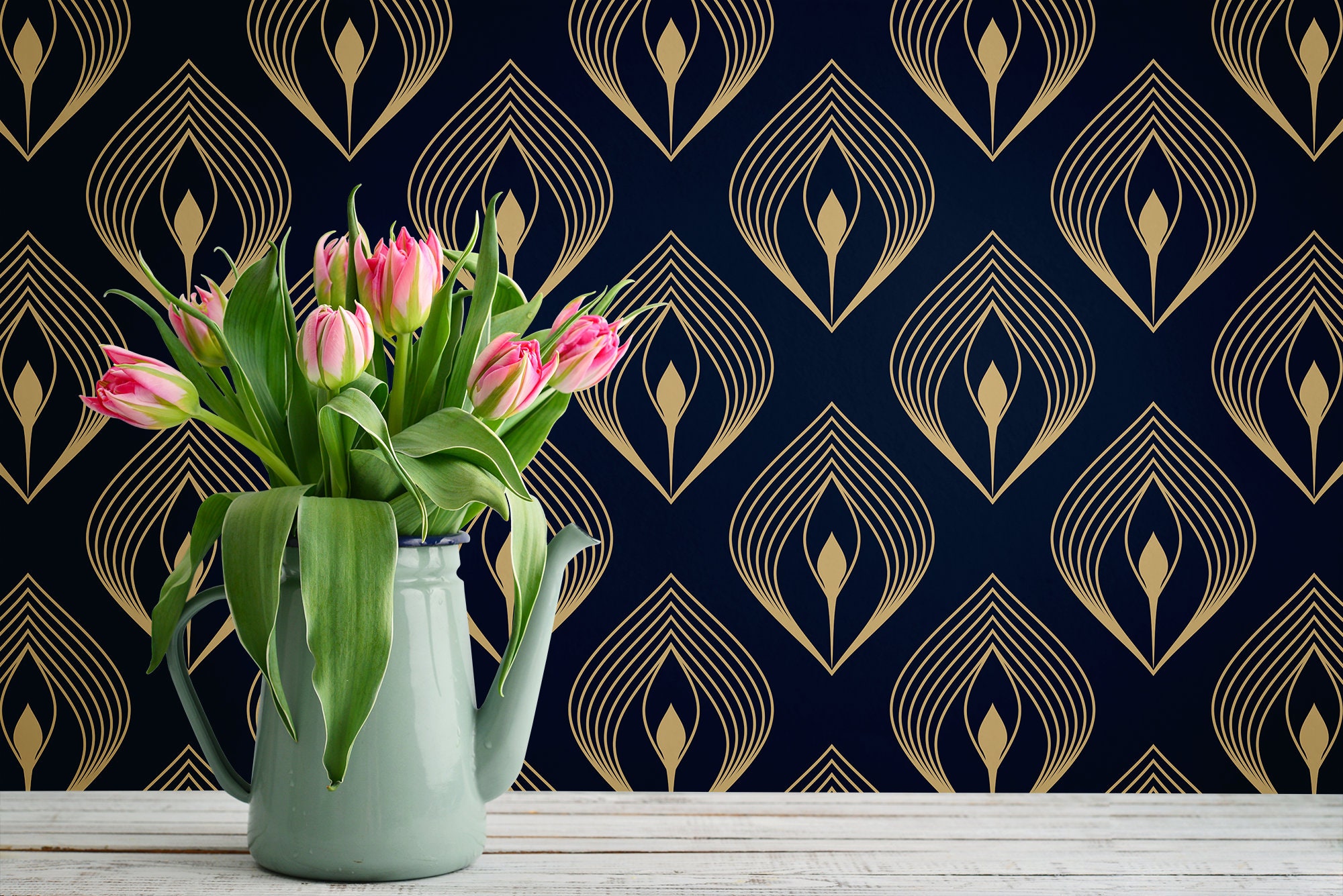 Navy Wallpaper With Small Yellow Geometric Pattern, Self Adhesive, Peel ...