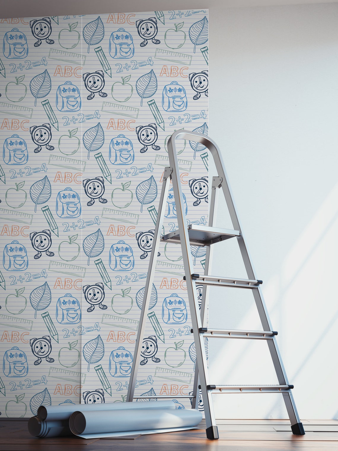 Blue and White Wallpaper With School Pattern Wallpaper for | Etsy