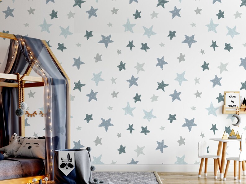 White Wallpaper With Blue Star Pattern for Kids Self - Etsy