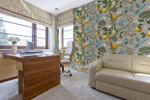 Wallpaper With Blue Birds and Lemon Fruits Self Adhesive - Etsy