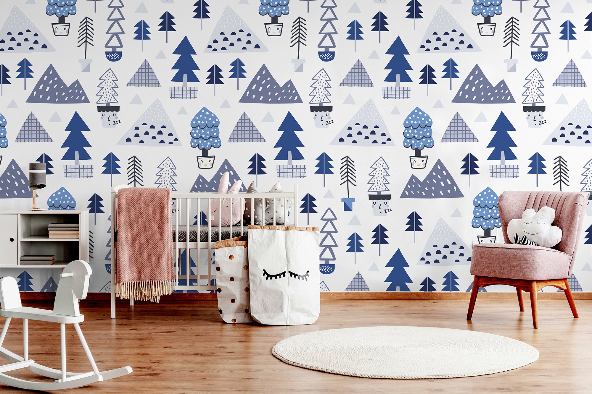 White Wallpaper With Blue Tree Pattern, for Kids, Self Adhesive, Peel ...