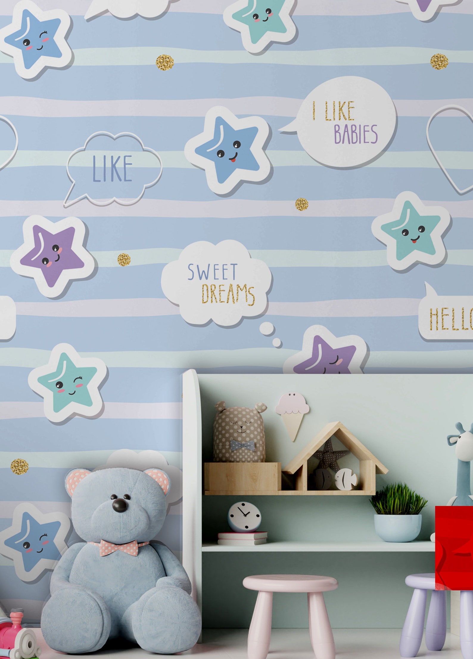 Baby Blue Wallpaper With Star and Linear Pattern for Kids, Nursery ...