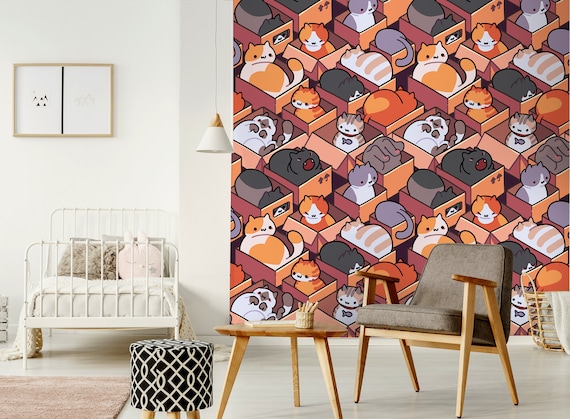 Cartoon Wallpaper With Cute Cats in Boxes Wallpaper for Kids - Etsy