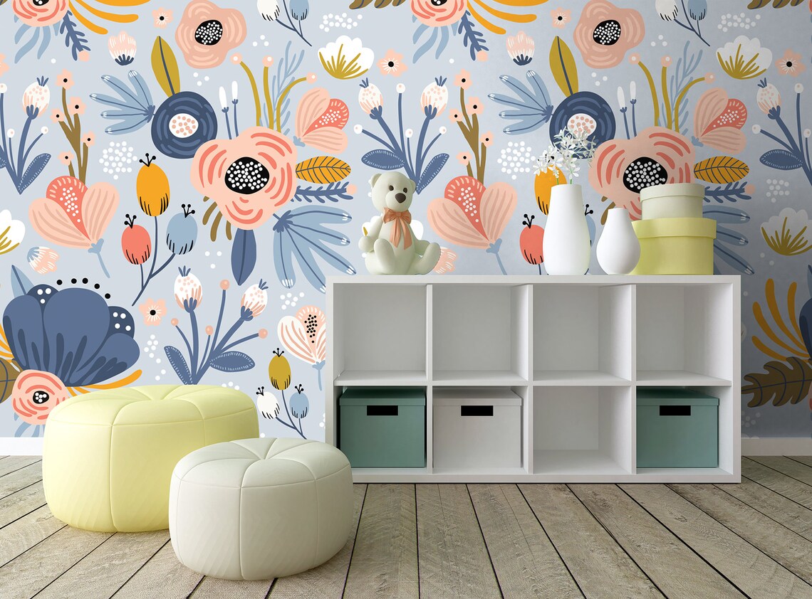 Blue Wallpaper With Colorful Cartoon Floral Pattern || for Kids, Self ...