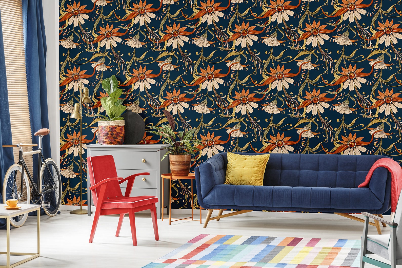 Blue Wallpaper With Elegant Orange Floral Pattern Self - Etsy