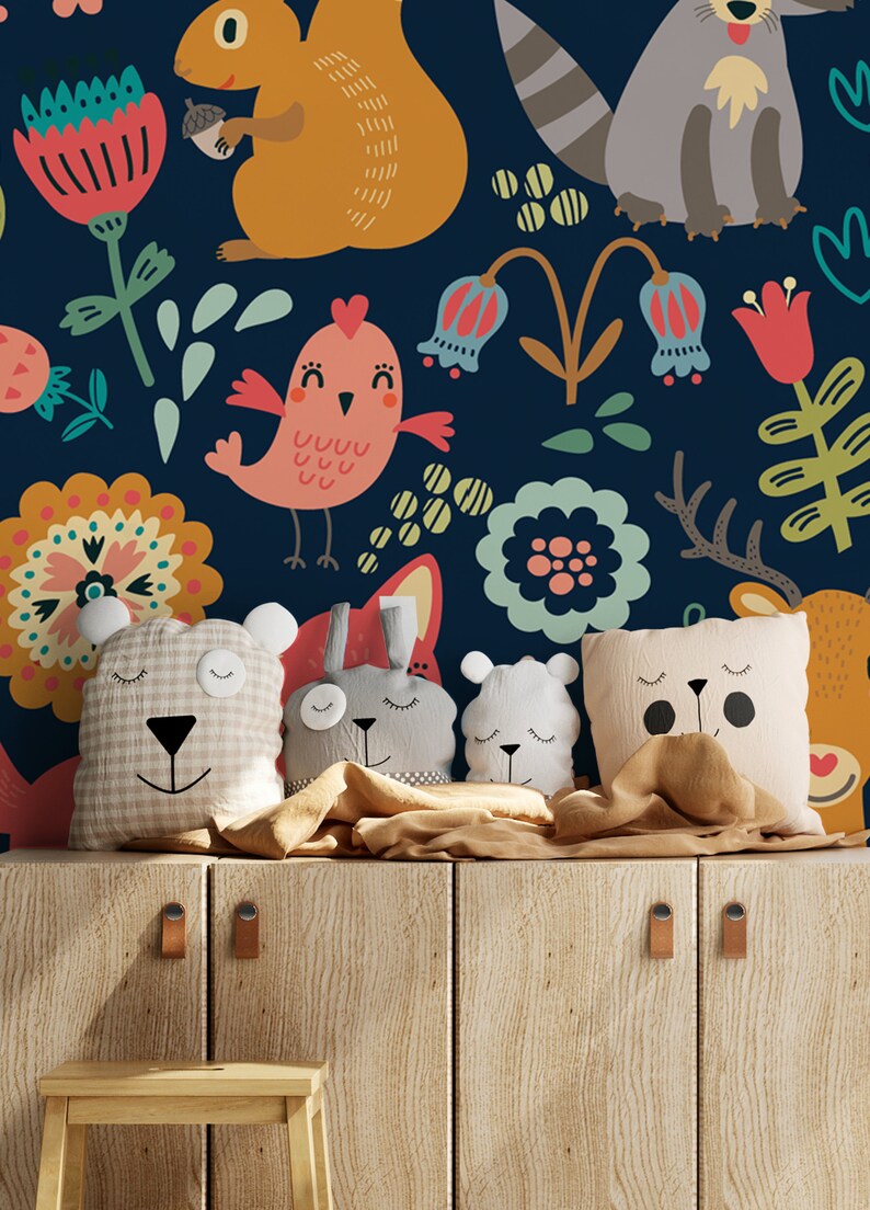 Blue Wallpaper With Colorful Cartoon Animals for Kids Self - Etsy