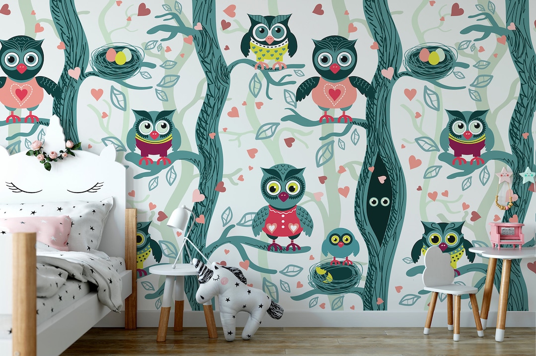 Spring Wallpaper With Owls and Trees || for Kids, Self Adhesive, Peel ...