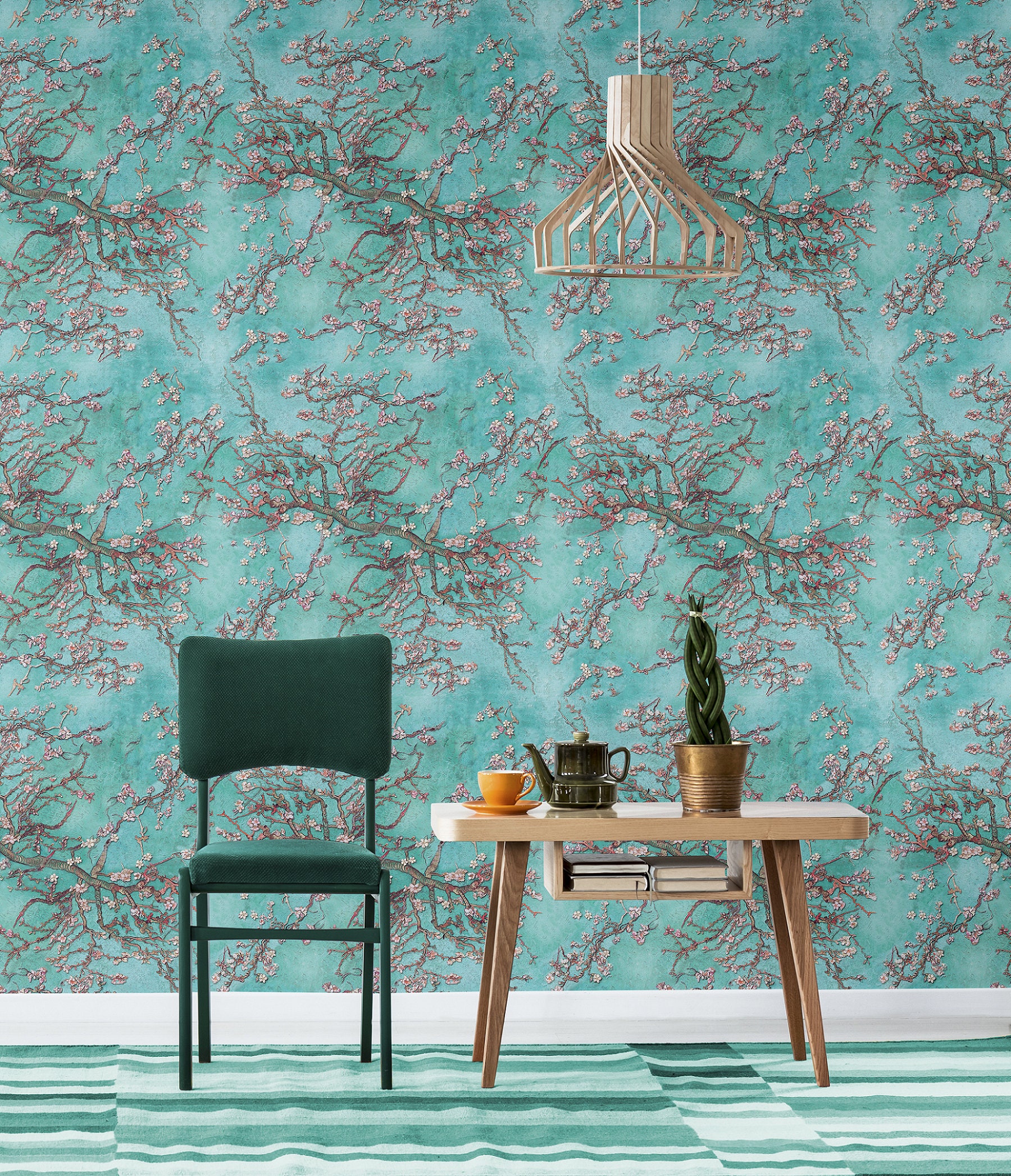 Blue Wallpaper With Blooming Cherry Tree Pattern || Peel and Stick ...