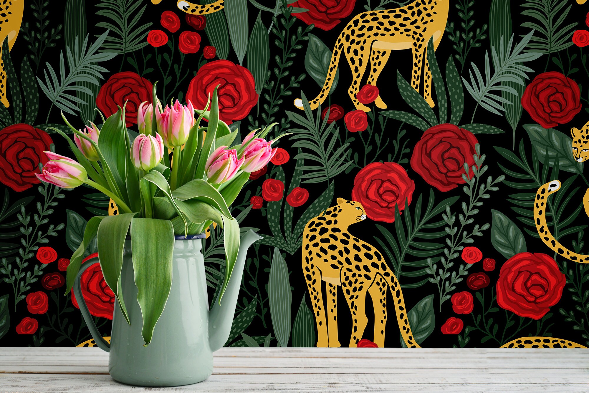 Wallpaper With Green Leaves Leopards and Red Roses Self | Etsy
