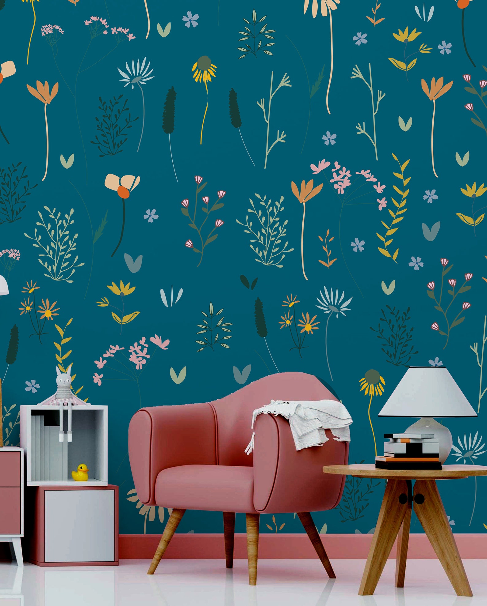 Blue Wallpaper With Colorful Floral Pattern Wallpaper for | Etsy