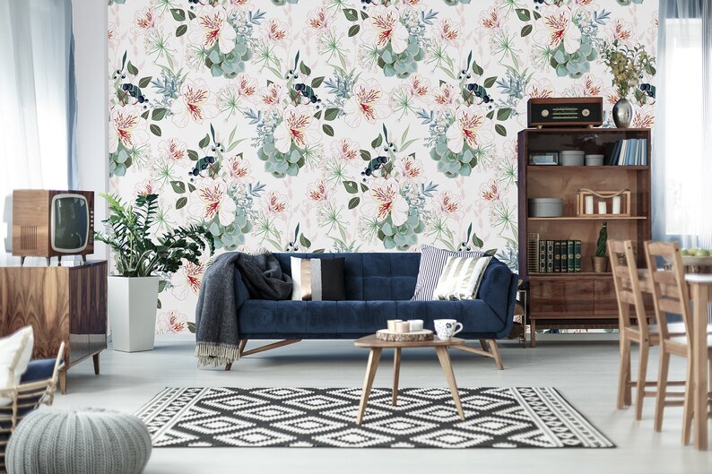 Botanical wallpaper flowers & leaves self adhesive | Etsy