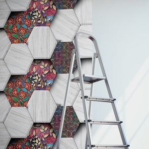 Geometric Wallpaper With Hexagons and Floral Patterns, Self Adhesive ...