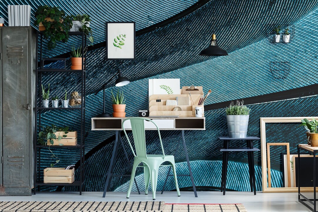 Blue Geometric Ribbed Abstract Wallpaper, Blue Abstract Wall Mural ...