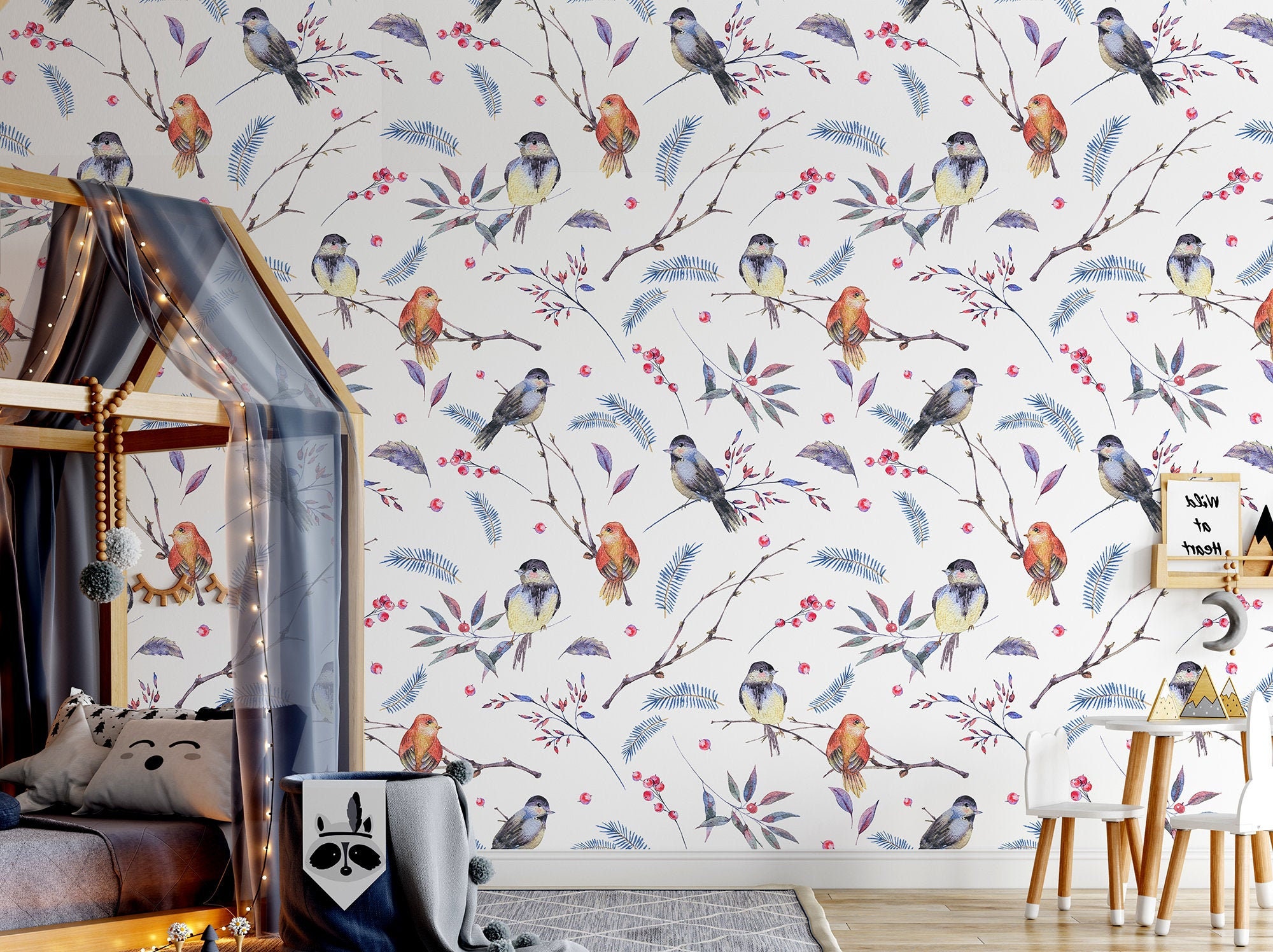 Watercolor Wallpaper With Blue and Red Bird Pattern for - Etsy
