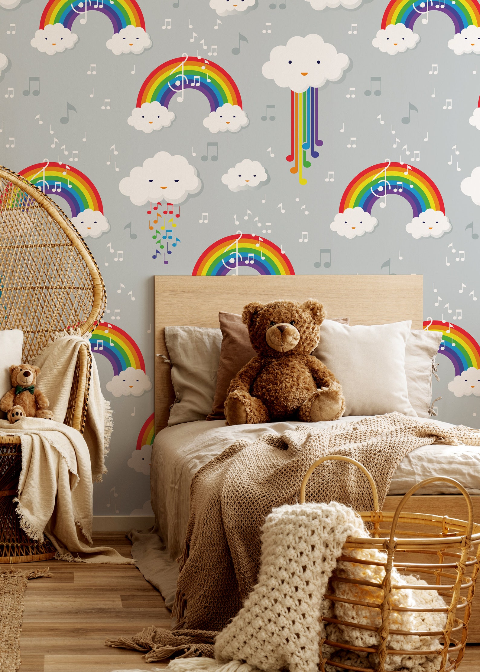 Gray Wallpaper With Rainbows and Clouds Wallpaper for Kids | Etsy