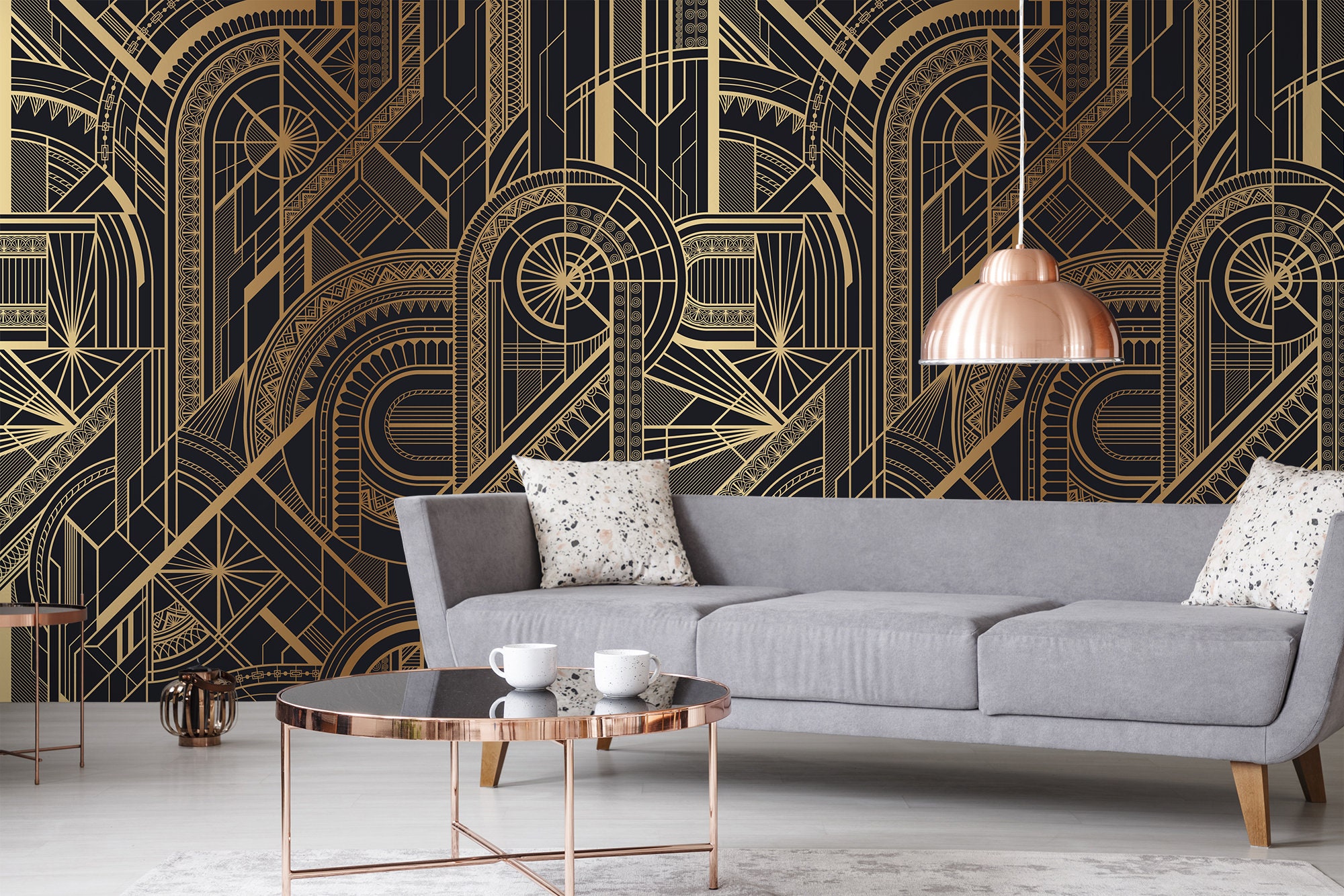 Dark and Yellow Matte Geometric Art Deco Pattern Wallpaper no - Etsy