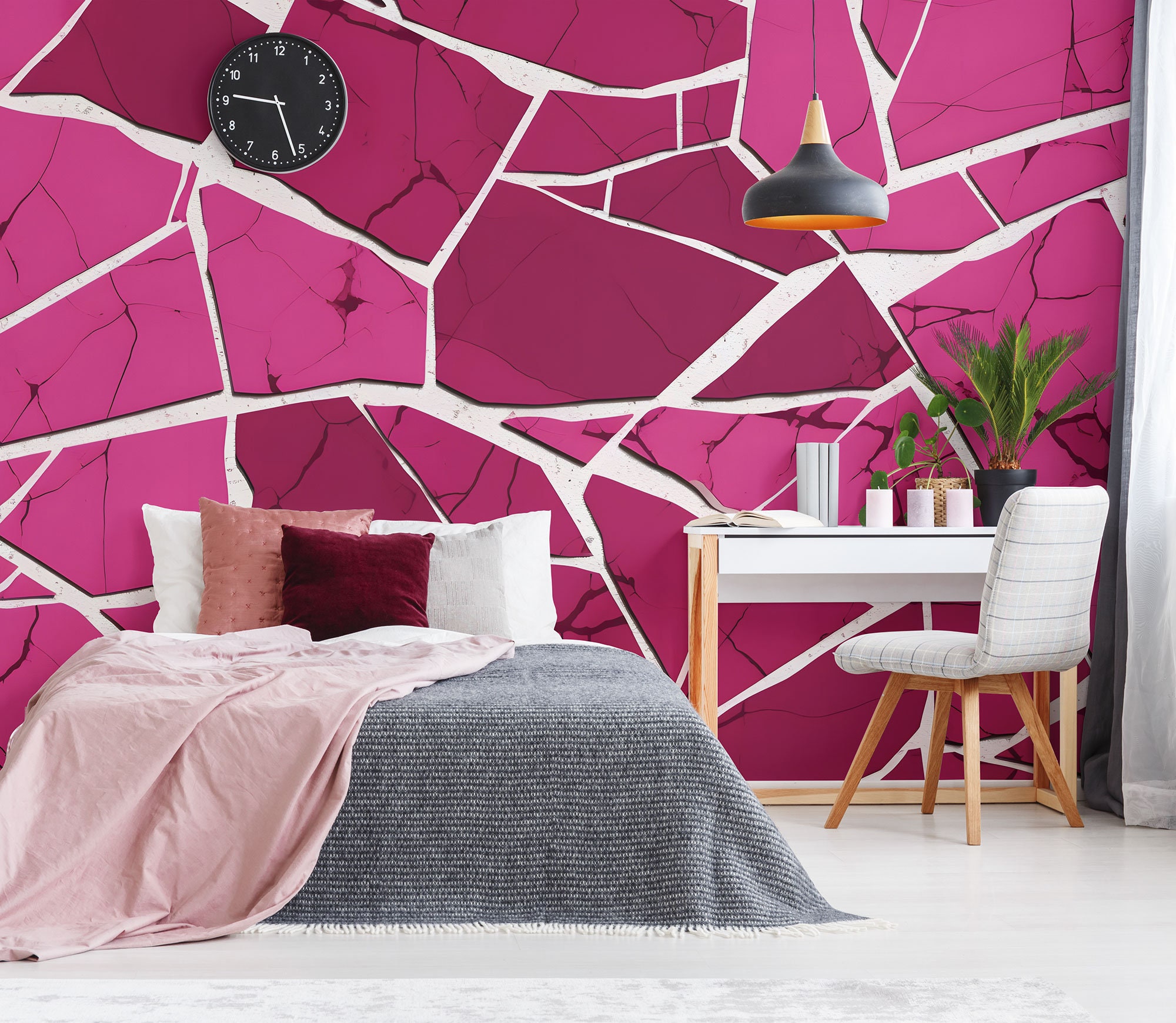 Magenta Cracked Tiles Wallpaper, Big Terrazzo Pattern, Abstract Stone ...