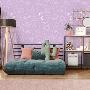 Lilac Space Wallpaper, Planets & Constellations Print, Kids Wall Mural ...