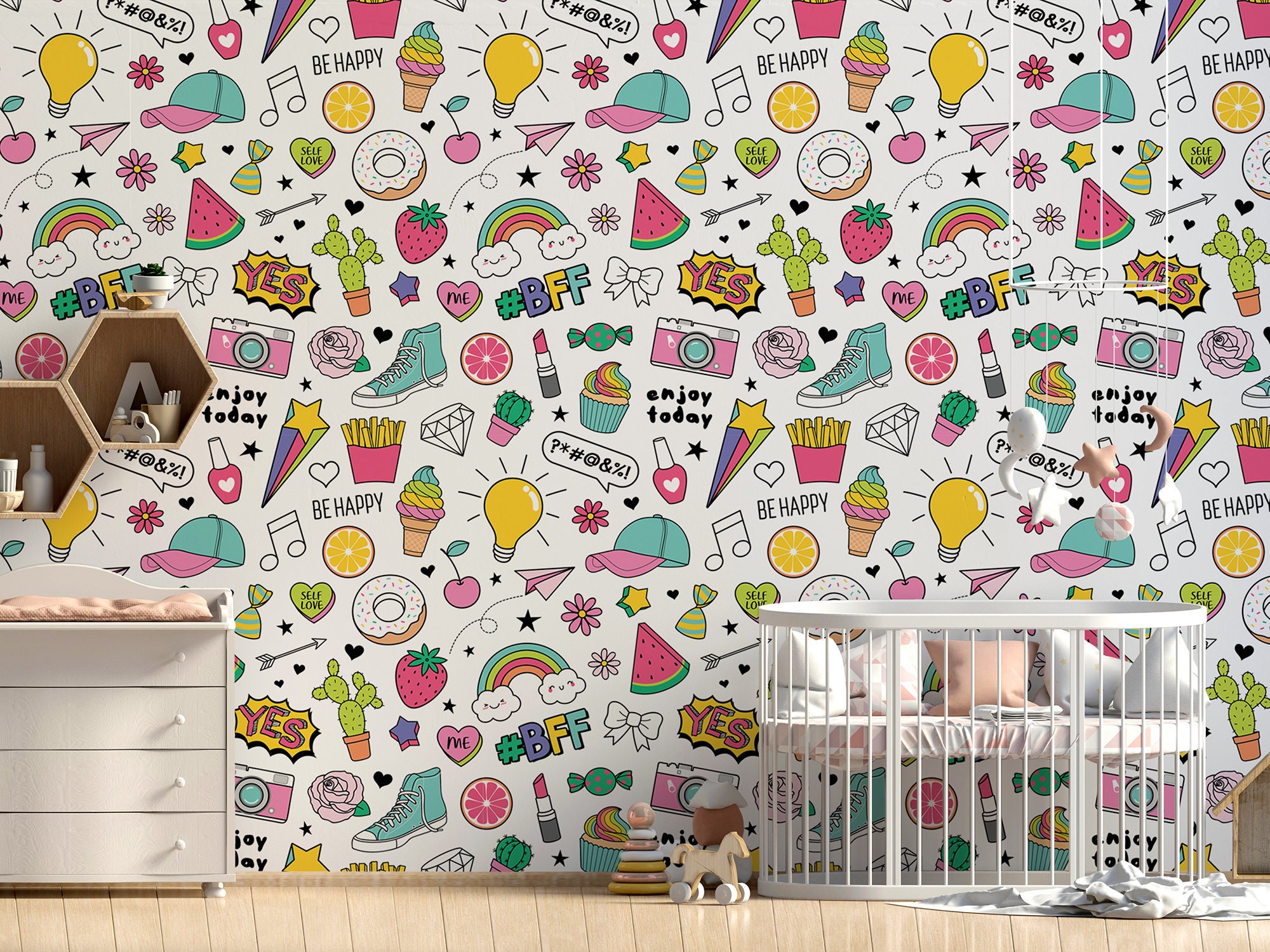 Wallpaper With Colorful Doodles for Kids Self Adhesive | Etsy