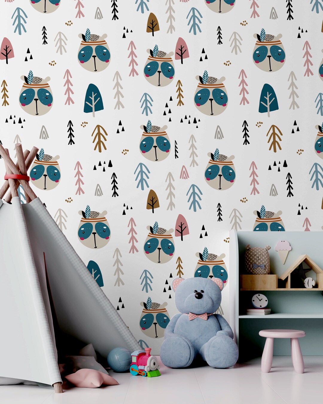 White Wallpaper With Cartoon Animals Above Trees, Self Adhesive, Peel ...