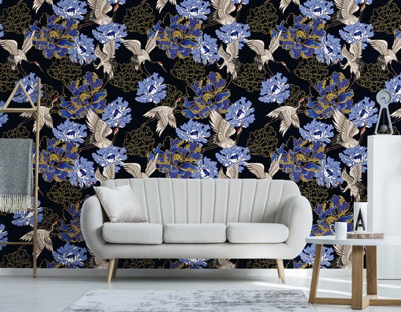 Black Wallpaper With Oriental Flower and Bird Pattern Self | Etsy