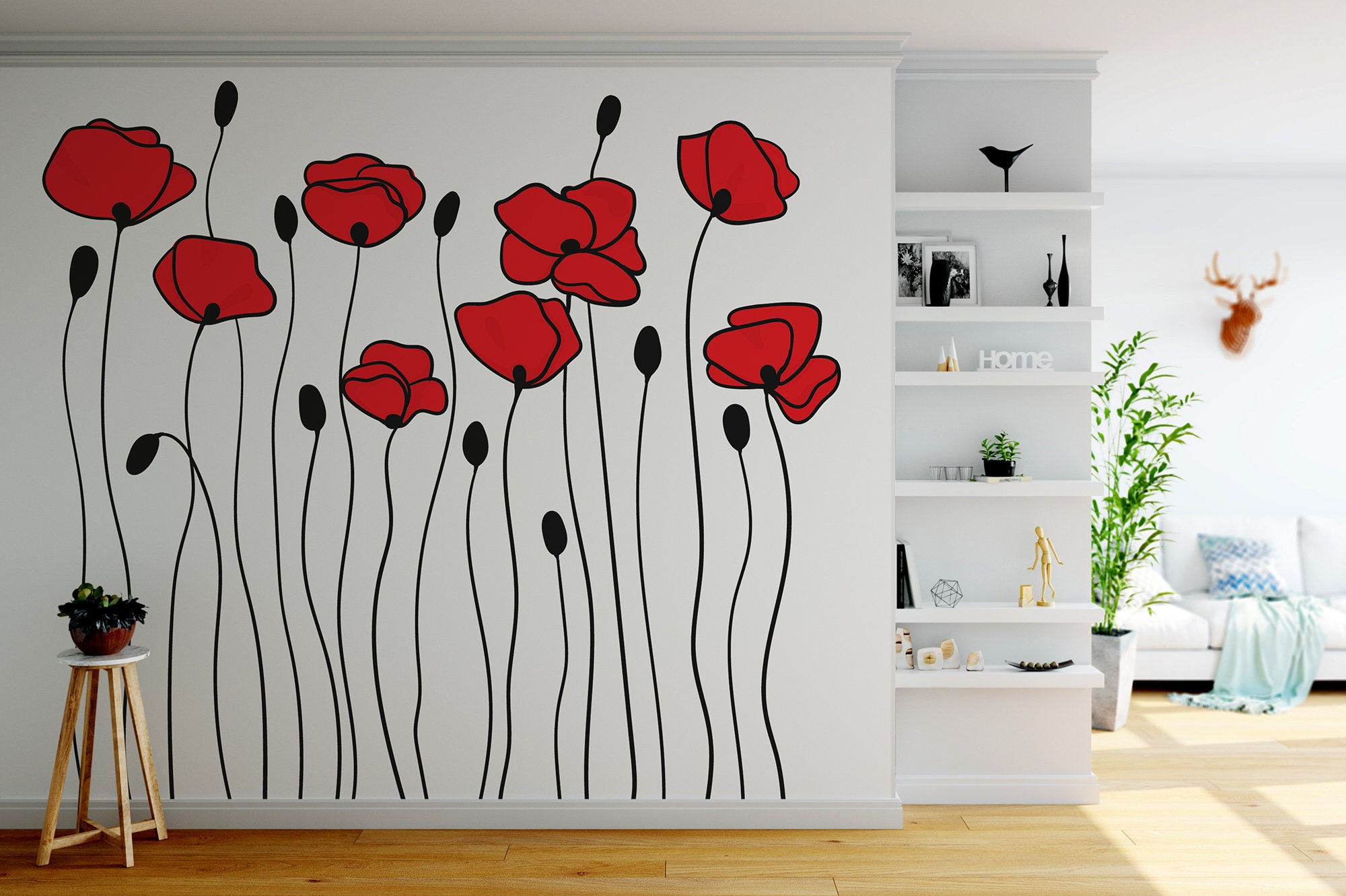 White Wallpaper With Poppy Flowers || for Kids, Self Adhesive, Peel and ...