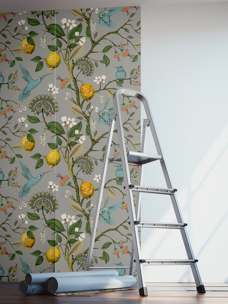 Wallpaper With Blue Birds and Lemon Fruits, Self Adhesive, Peel and ...