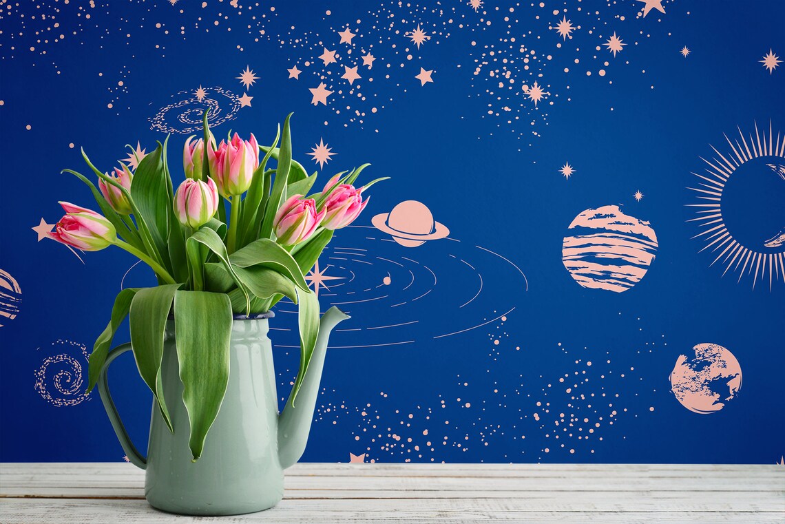 Blue Astro Wallpaper With Planets and Galaxies Self Adhesive | Etsy