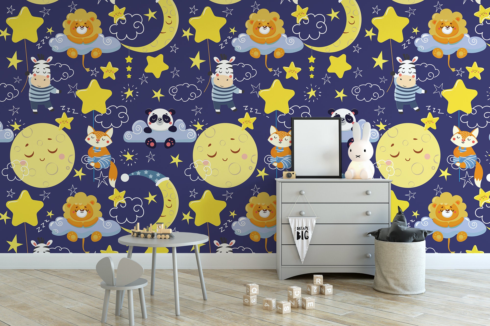 Night Wallpaper With Moon Stars and Sleepy Animals for Kids - Etsy