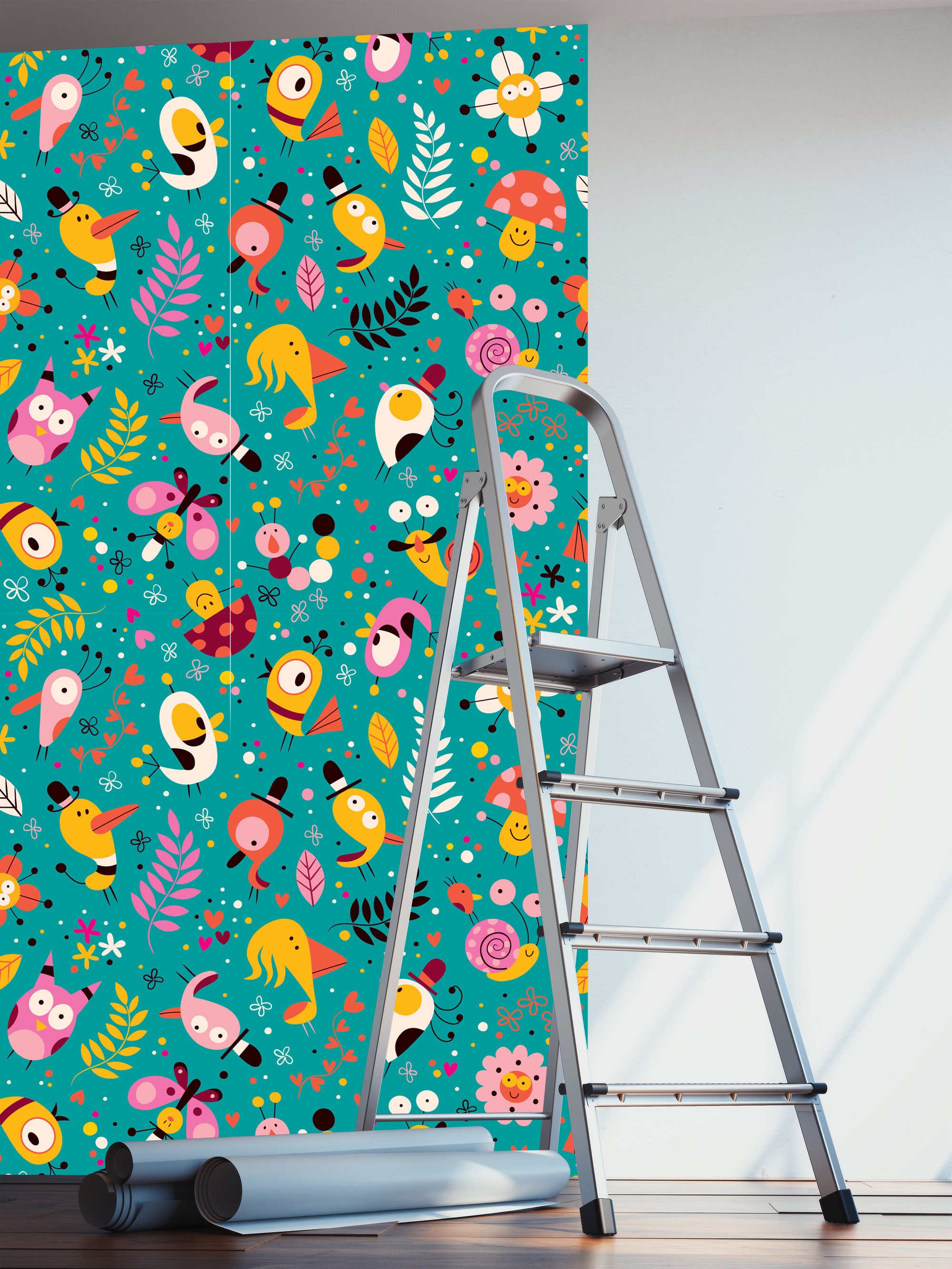 Blue Wallpaper With Colorful Cartoon Floral and Animal Pattern || for ...