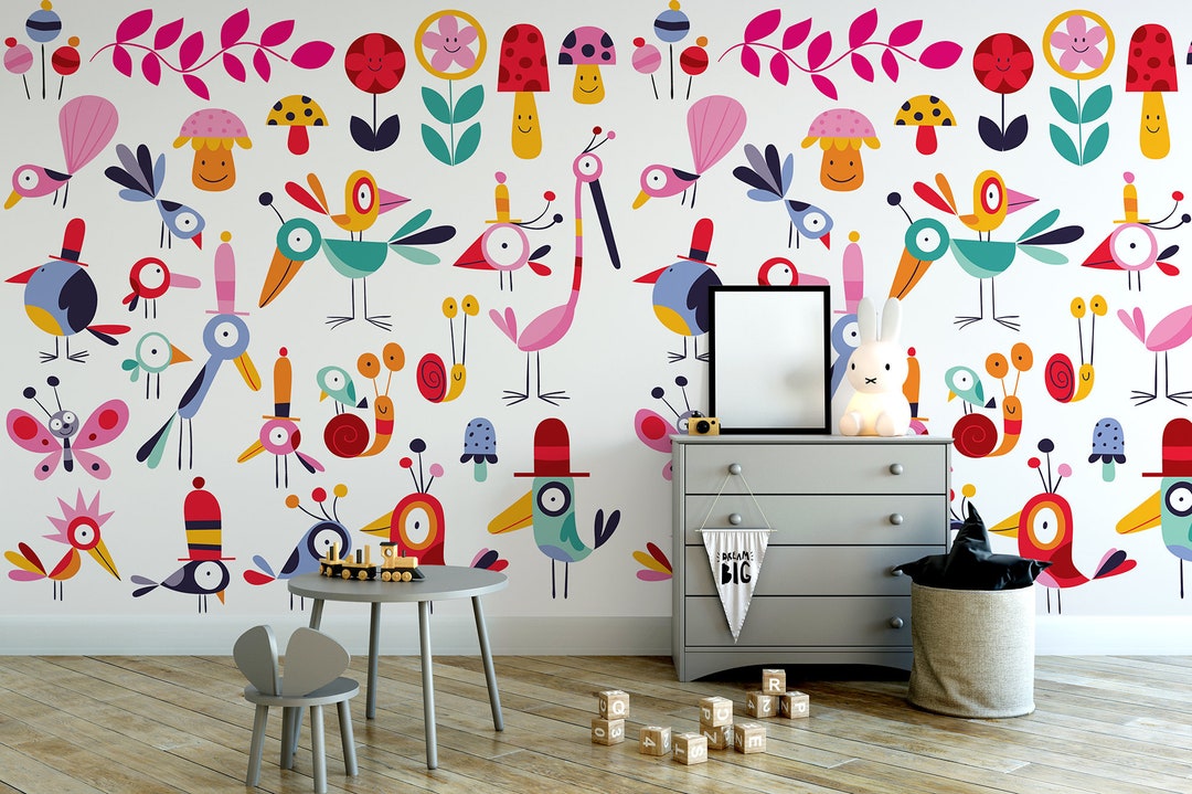 Colorful Wallpaper With Funny Cartoon Birds || for Kids, Self Adhesive ...