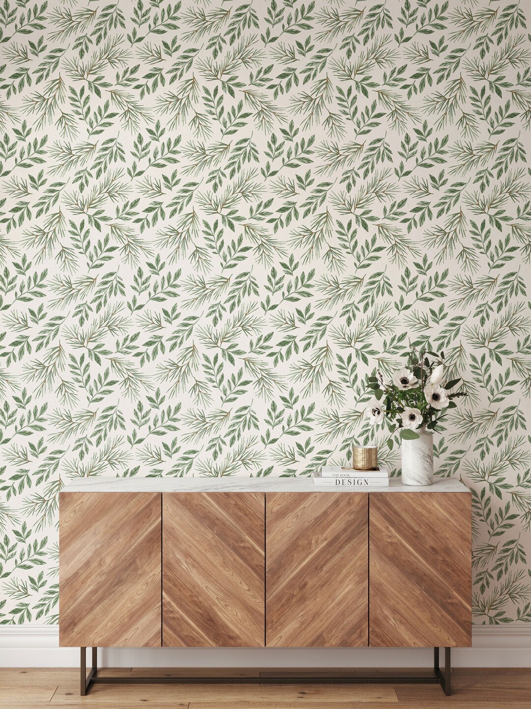 Small Green Leaves Wallpaper, Botanical Pattern, Leaf Print • Peel and ...