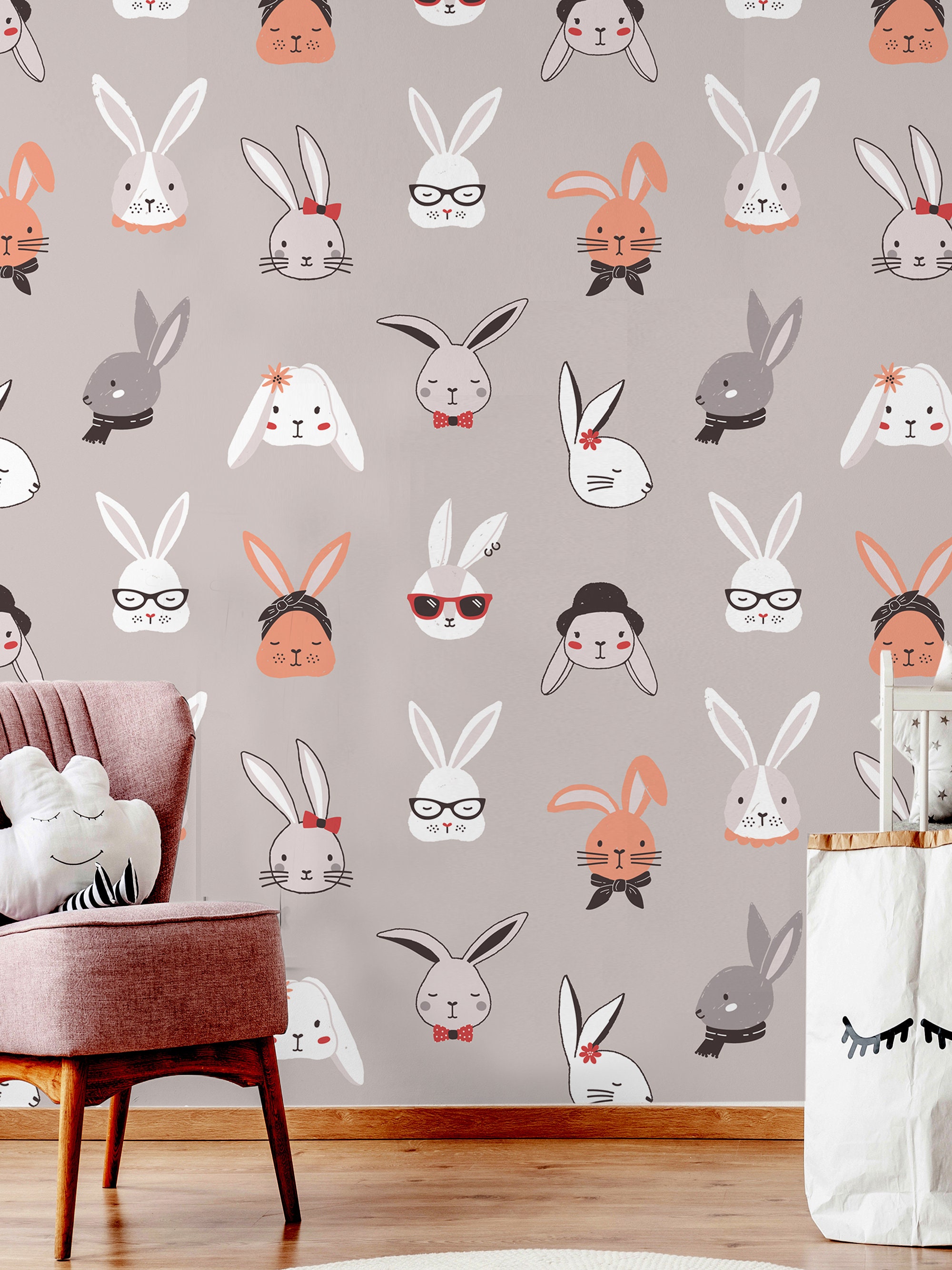 Gray Wallpaper With Cute Bunny Pattern for Kids Self | Etsy