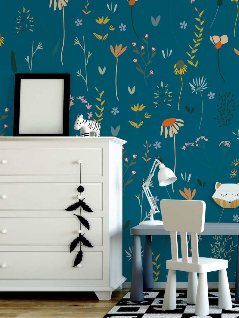 Blue Wallpaper With Colorful Floral Pattern Wallpaper for - Etsy