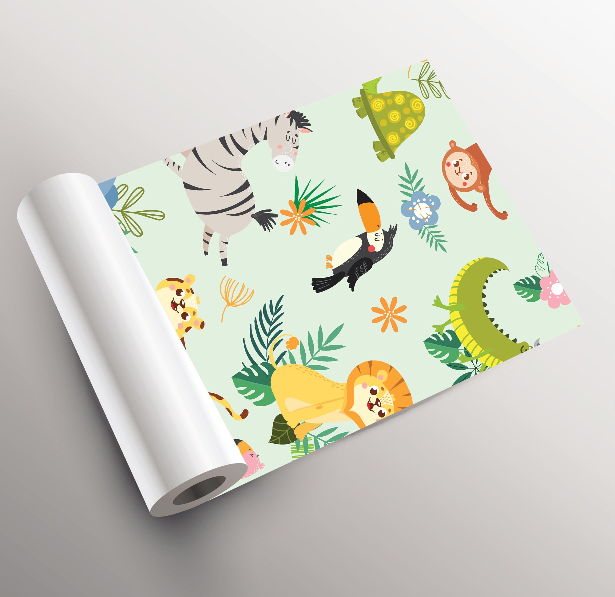 Green Wallpaper With Wild Animals Pattern for Kids Self | Etsy